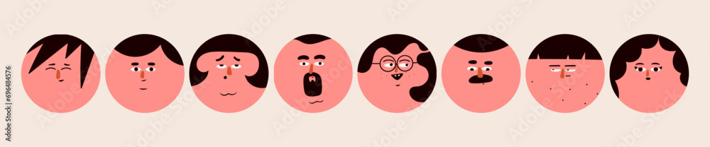 Round human portraits. Various faces, hairstyle, emotions. Cute funny ...