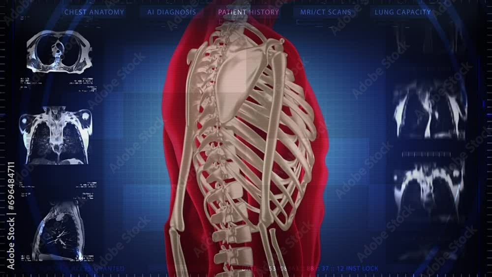 Futuristic Interface of 3D Rotating Thorax, AI Enhance view of Ribs ...