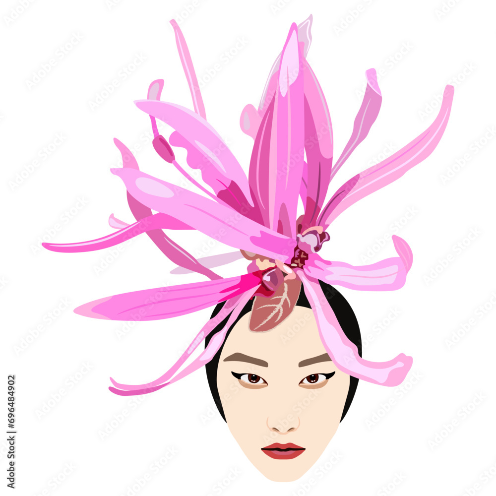 Head of a pretty Asian girl with a blooming flower of Loropetalum ...