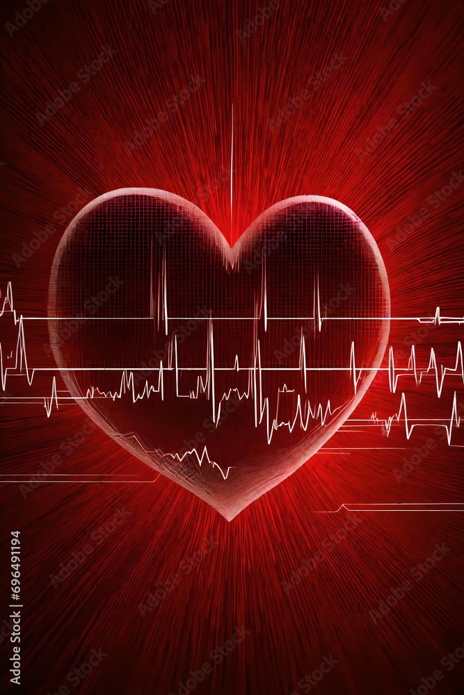 An abstract representation of a heart monitor displayed on a dark red ...