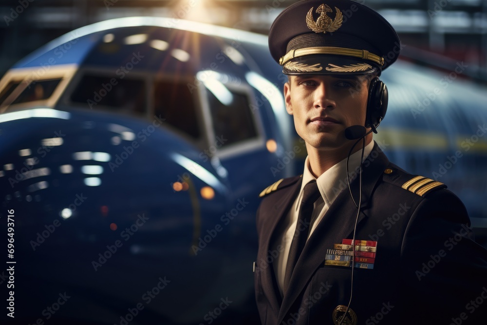 Portrait of a young pilot in a military uniform at the airport, An ...