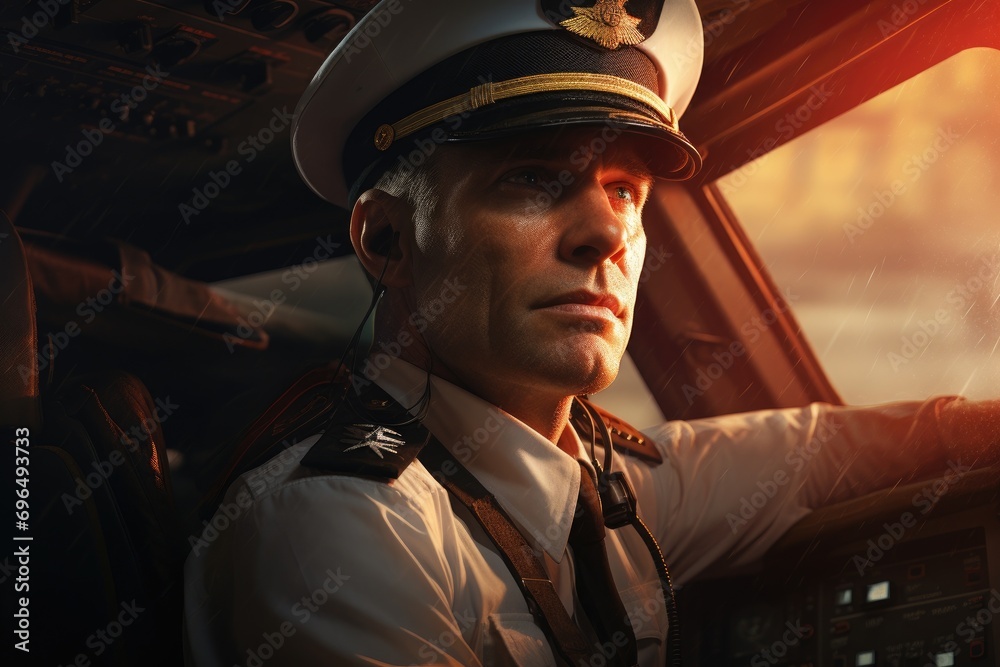 Portrait of a pilot in uniform in the cockpit of an airplane, An ...