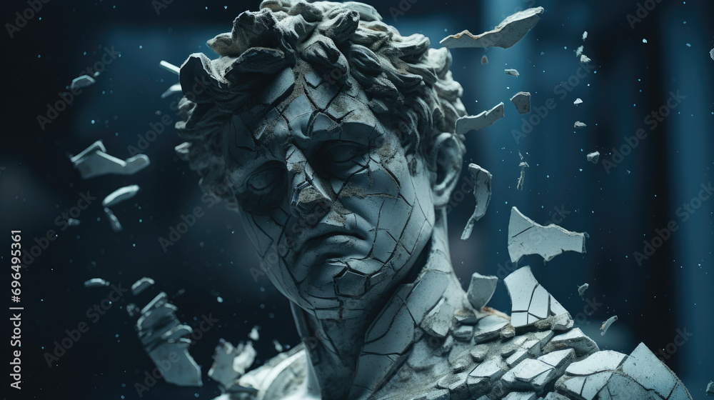 Ancient statue sculpture cracked and crumbled. Cultural art heritage degradation, collapse of ...