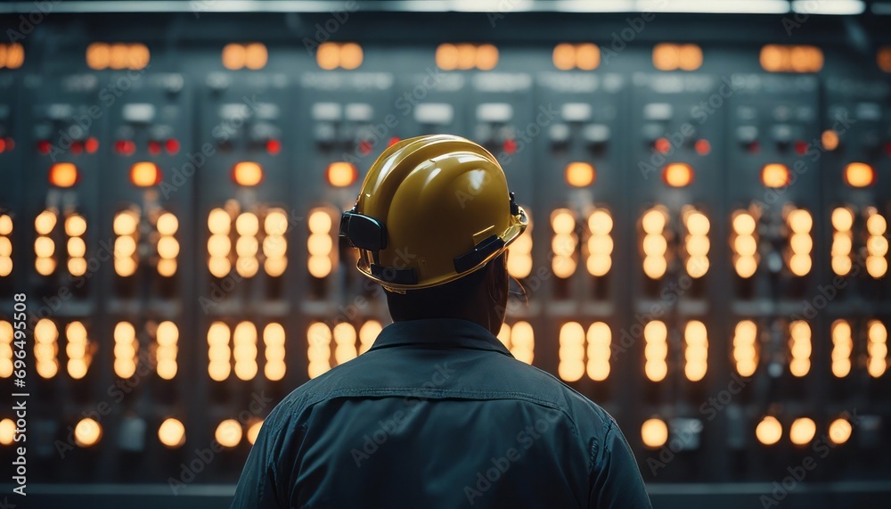 Back view of a professional electrician standing at the electrical ...