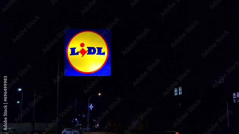 LIDL logo on hypermarket from German chain, part of Schwartz Gruppe ...