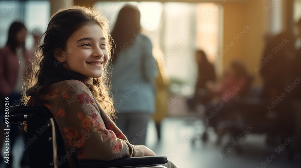 Inclusive education. Girl portrait in a wheelchair with disabilities at ...
