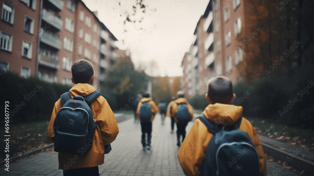 Little kids schoolchildren pupils students running hurrying to the ...