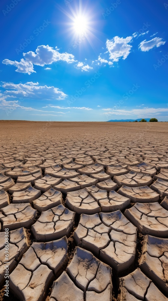 The sun shines brightly over a cracked desert. Cracked land on hot ...