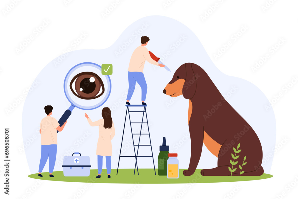 Vision examination of dog at veterinarians appointment. Tiny people ...