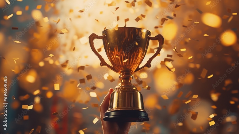 A person holding up a golden trophy in front of a shower of confetti ...