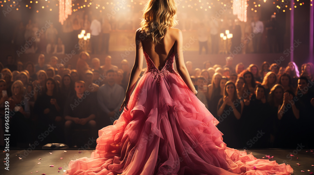 Pretty woman singer holding microphone on a stage. Star singer on stage ...