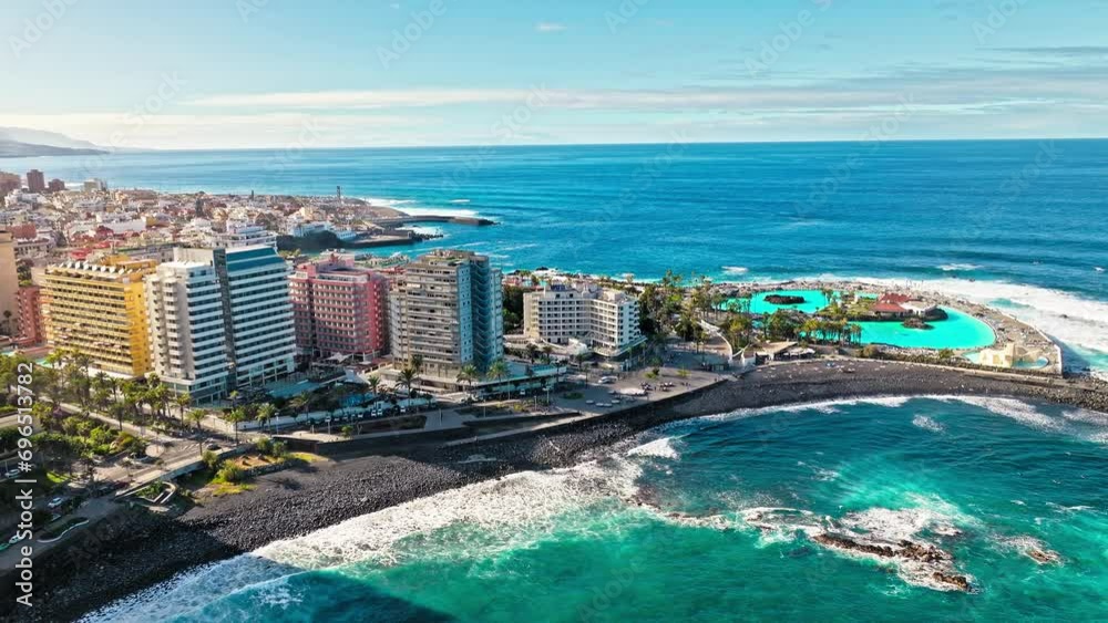 Aerial view of skyscraper buildings and colourful houses in Santa Cruz ...