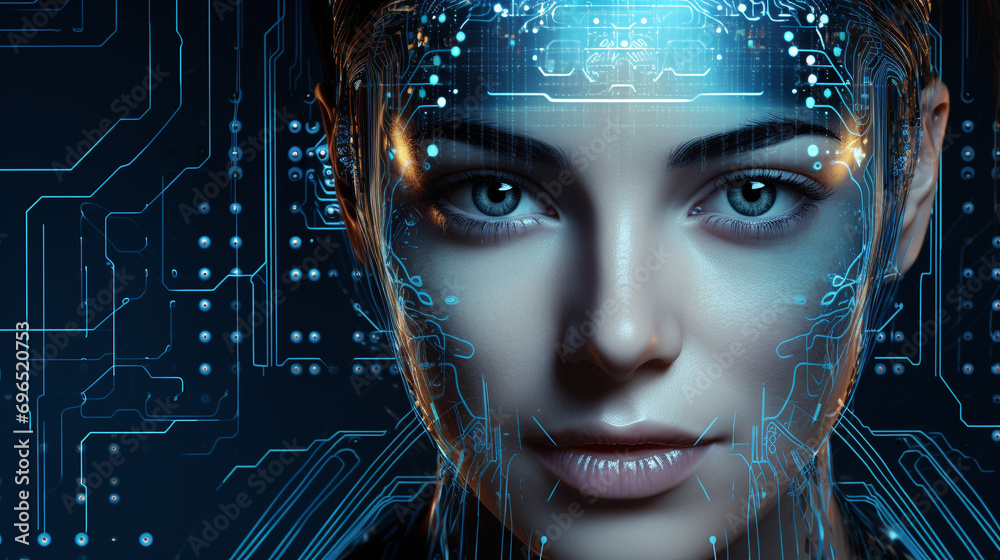 visualization of a woman's face outlined in a cybernetic style with a ...