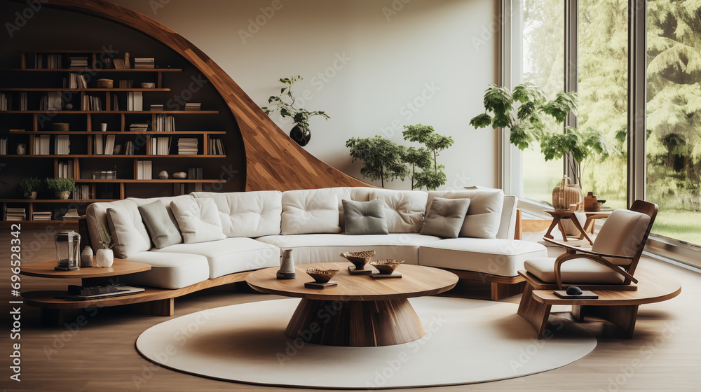 Photo of an interior with furniture with organic, curved forms, radial ...