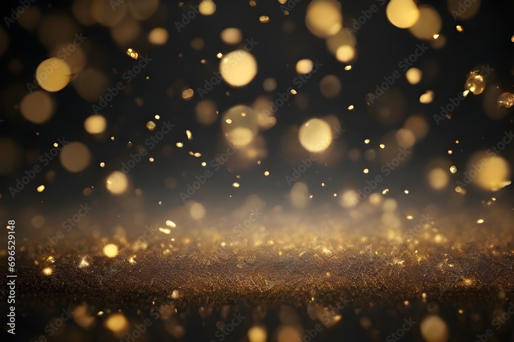 Golden luxury bokeh on particles floating in the air. Dust and glitter particles background ...