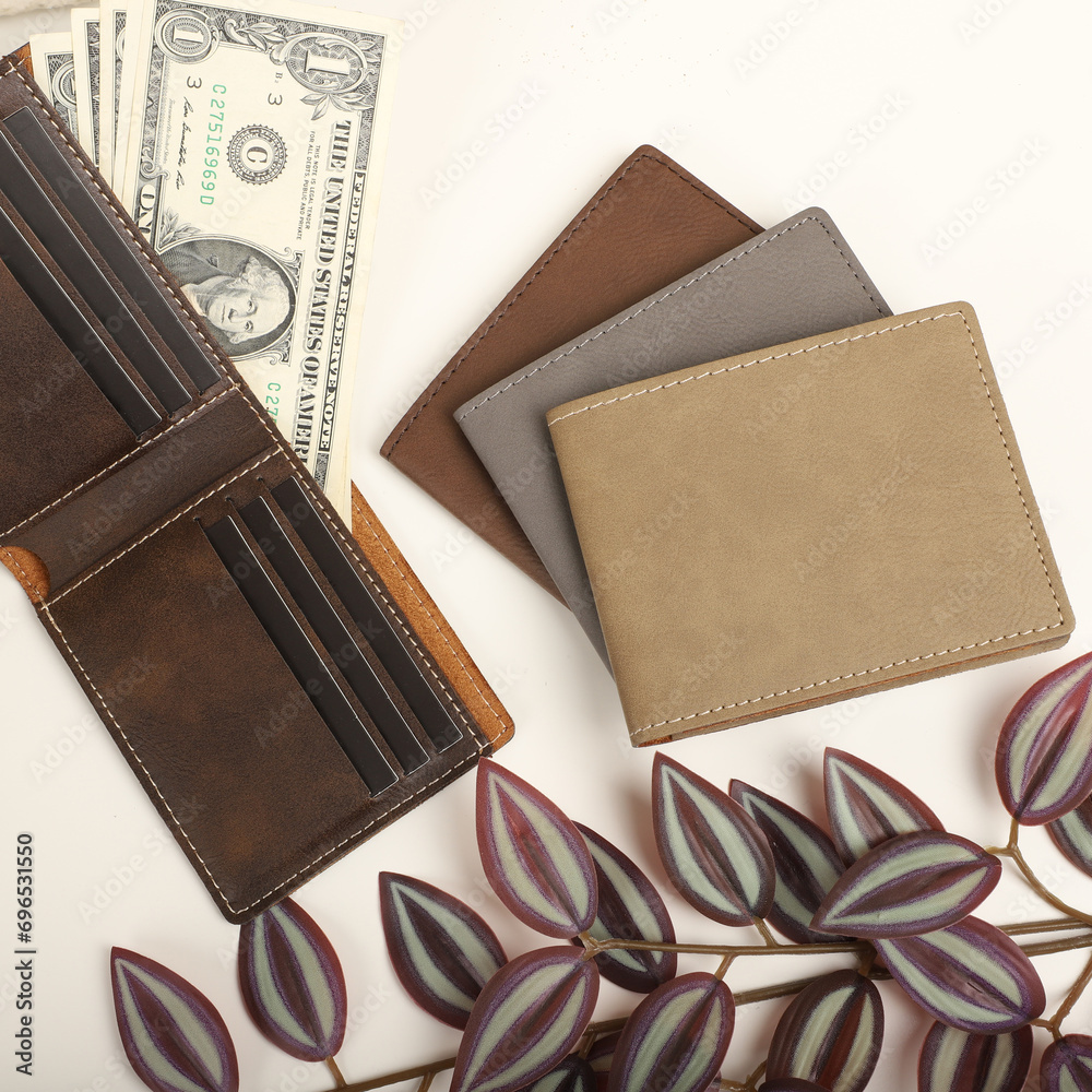 Colorful man wallet. Concept shot, top view, different colors man ...