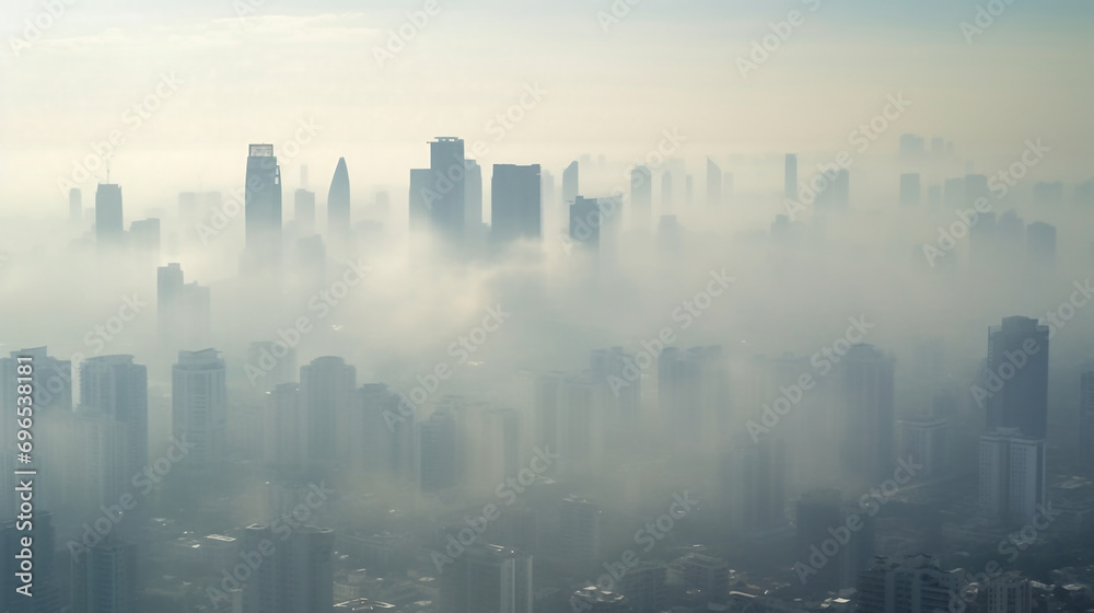 Panoramic aerial view of modern skyscrapers in haze.Haze and fog are ...