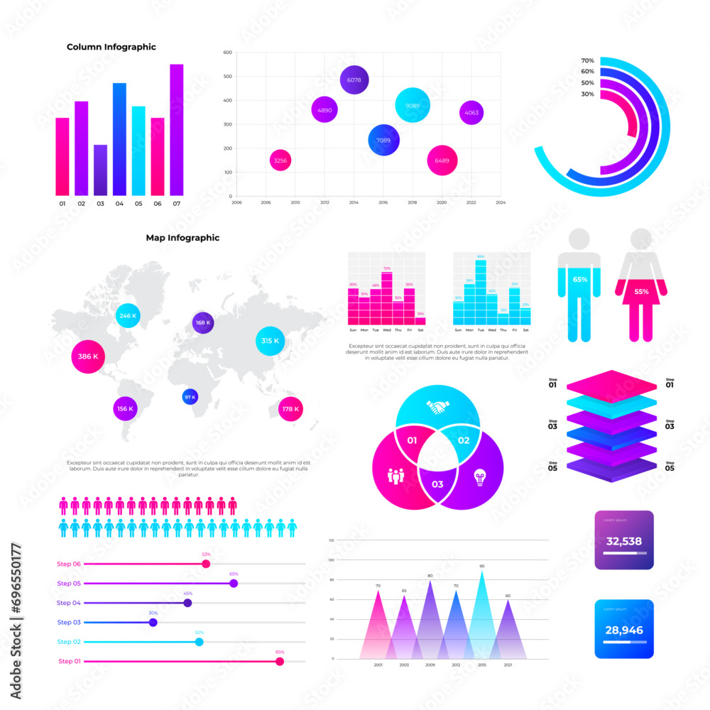 Infographic elements collection. Column, bubble charts, cycle diagrams ...