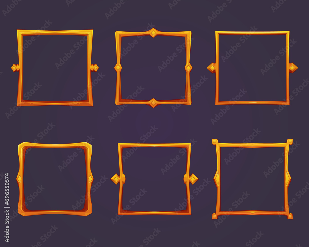 Game UI design with gold frame. Frame template in cartoon style ...
