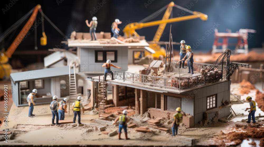 Miniature construction site with small figures representing workers ...