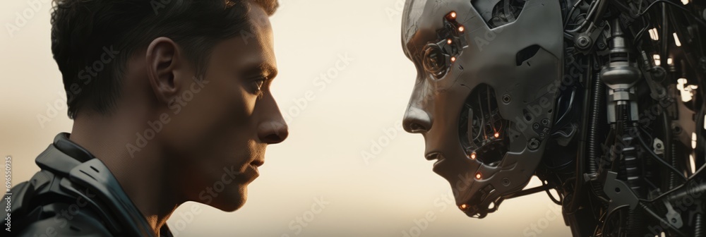 Man and humanoid robot looking at each other, humans vs digital ...