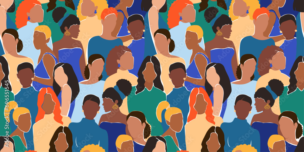 Seamless pattern with abstract women of different races, skin color ...