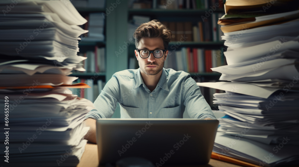 Man looking overwhelmed and stressed while sitting at a desk piled high ...