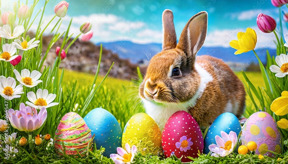 cute easter bunny with colorful easter eggs in a beautiful easter scene ...