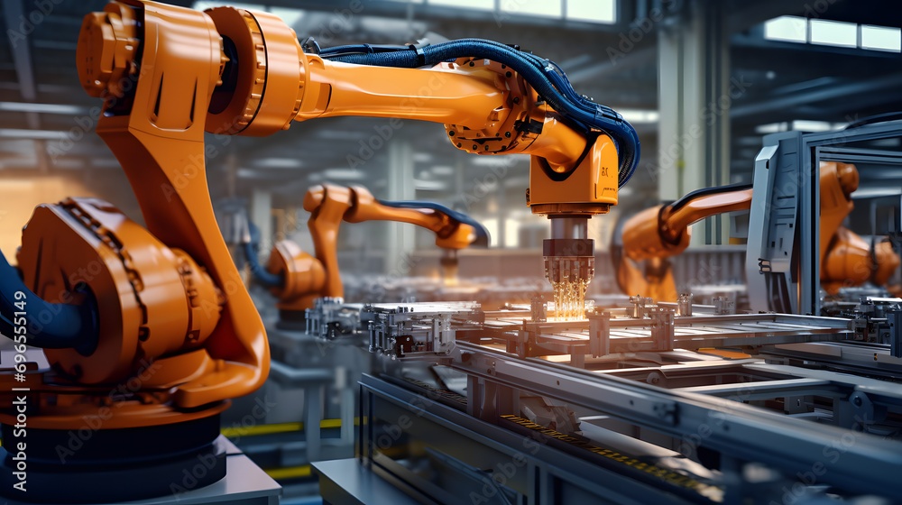 Automated robotic arm working on an assembly line in a manufacturing ...