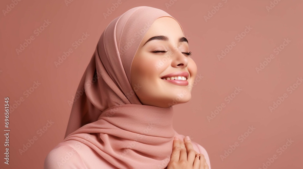Horizontal shot of positive Muslim woman keeps eyes closed keeps hands ...