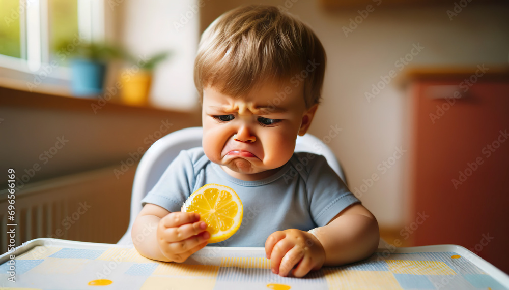 Young boy tasting a slice of lemon, with his expression humorously ...