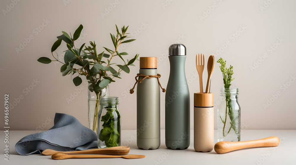 Reusable water bottles and eco-friendly utensils as an alternative to ...