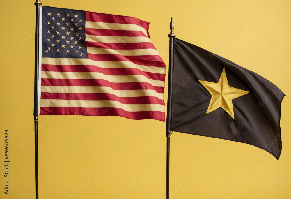 African American flags and stars on yellow backdrop. Commemorating ...