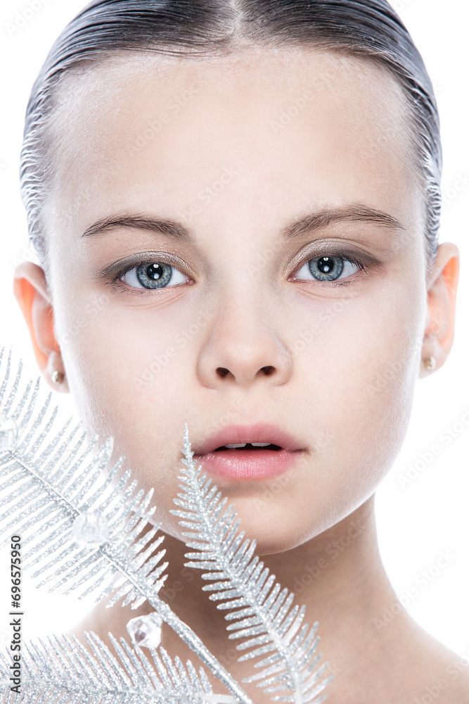 Beauty closeup stylized portrait of preteen girl framed with silver ...