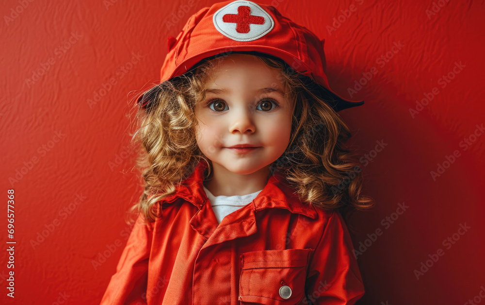 Toddler EMT - a young child dressed up as an EMT on a vibrant red ...