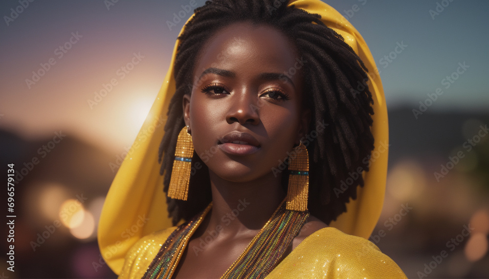 Sunset Glow on Afro-Caribbean Beauty with Yellow Headscarf Stock Photo ...