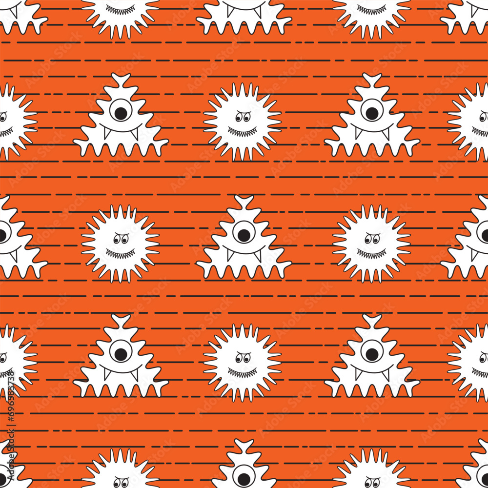 seamless repeat pattern with white monster faces on textured orange ...