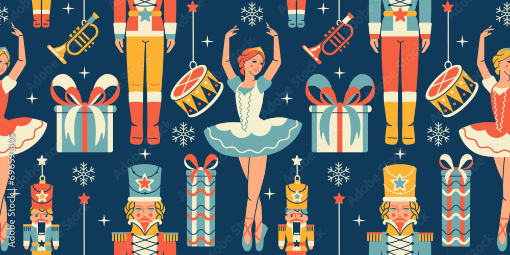 Winter Nutcracker ballet seamless wallpaper. Noel Christmas background. Fairytale with a toy ...