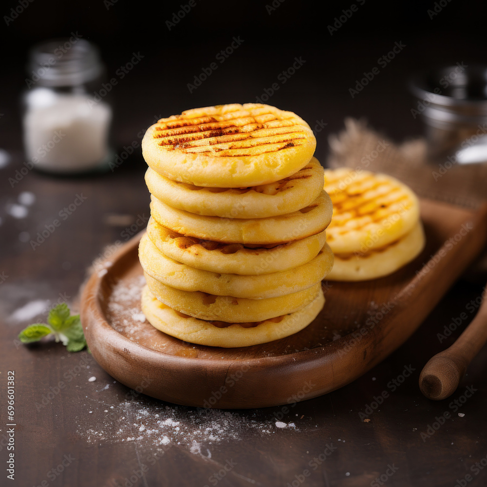 Stack of Arepas made from ground corn dough, cornmeal, traditional meal ...
