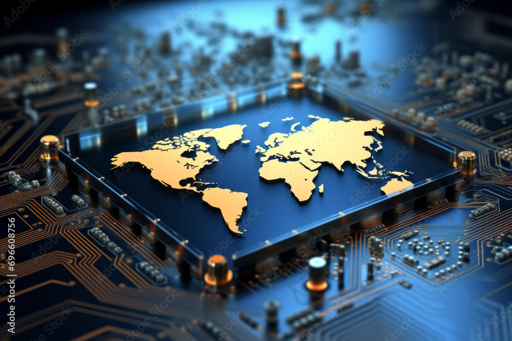 World maps and computer semiconductors, ICs, CPU chips, and circuit ...