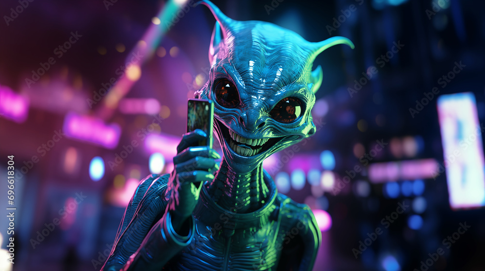 vivid hyper-realistic scene of a cute alien creature making selfie with ...