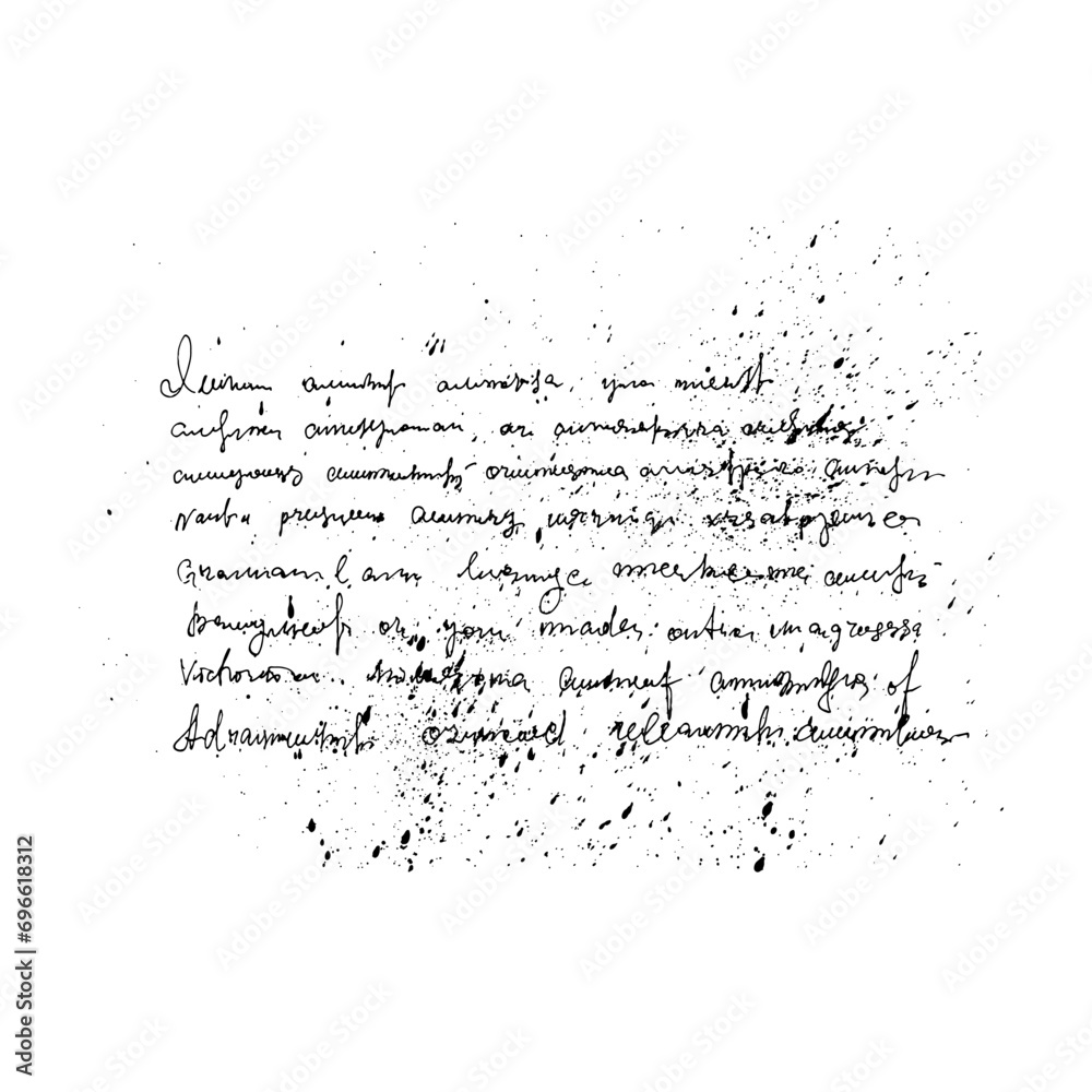Doodle illustration of illegible text with ink stains, abstract vintage ...