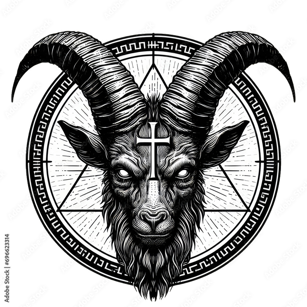 baphomet with horns and cross symbol black and white tattoo design ...