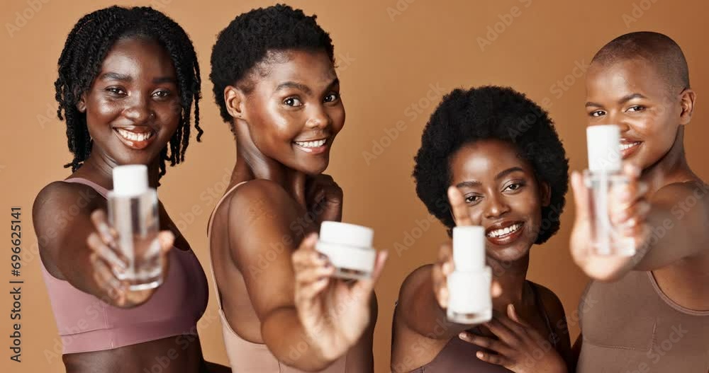 Happy black woman, skincare and beauty products for tone or foundation ...