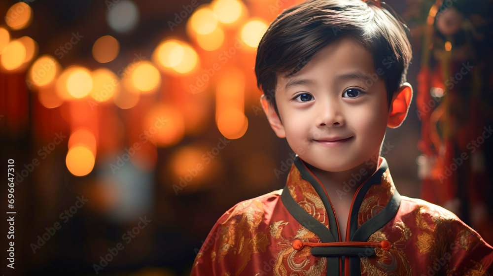 Chinese boy in traditional Chinese clothing posing Chinese New Year ...