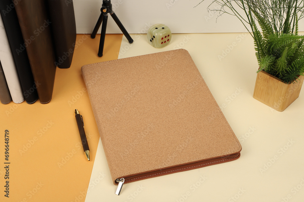 Leather Zipper Portfolio. Concept shot, top view, flap portfolio in ... Leather Zipper Portfolio. Concept shot, top view, flap portfolio in ...