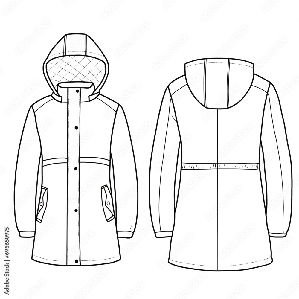 Parka jacket with hood line art. Flat sketch winter jacket, front and ...