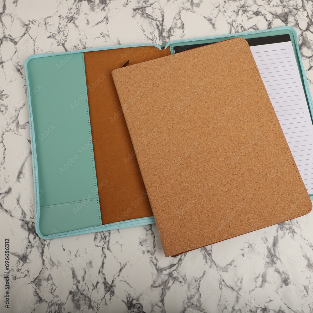 Leather Zipper Portfolio. Concept shot, top view, flap portfolio in ... Leather Zipper Portfolio. Concept shot, top view, flap portfolio in ...