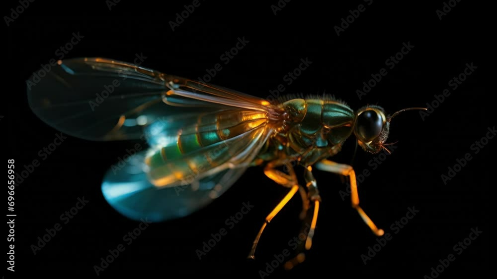 A striking of a firefly in midflight, highlighting the glowing chemical ...