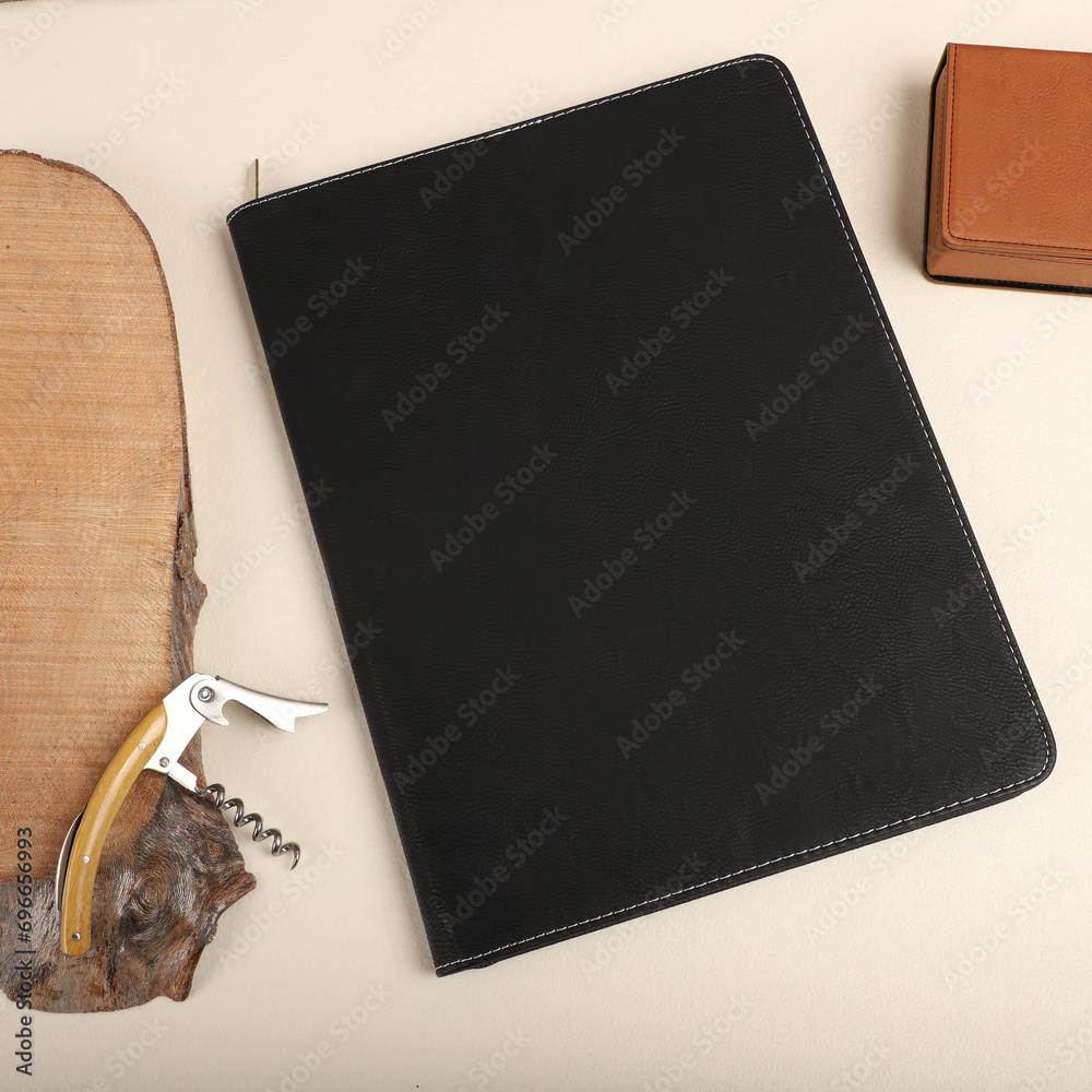 Leather Zipper Portfolio. Concept shot, top view, flap portfolio in ... Leather Zipper Portfolio. Concept shot, top view, flap portfolio in ...